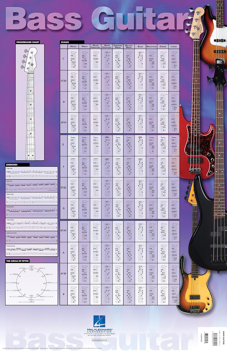 Bass Guitar Poster 23″ x 35″ | Scales, Fingerboard Notes, Exercises, C ...